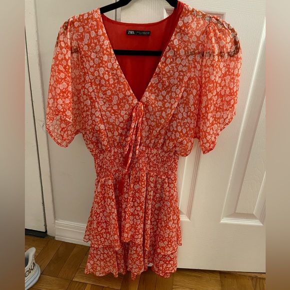 Zara | Dresses | Zara Red Floral Dress With Ruffles | Poshmark